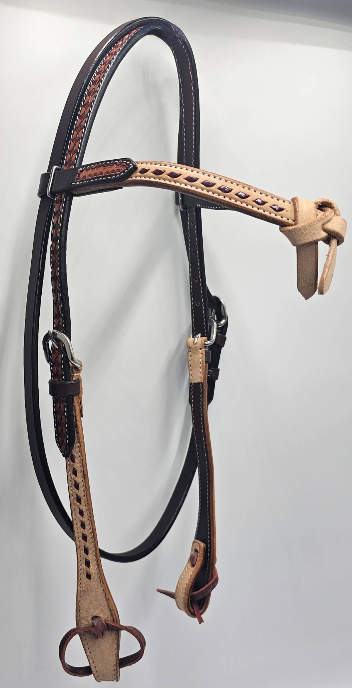 USA Latigo leather headstall with Futurity knot brown buck stitch brow ...