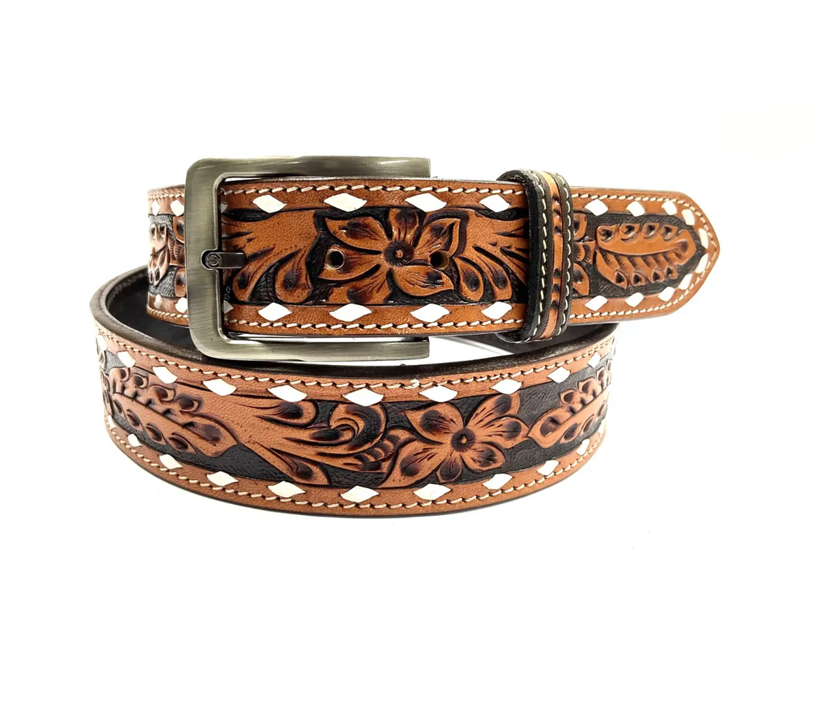 "GEORGIA" Hand Tooled White Buck Stitch Ladies Belt - 1773 — Toprail Equine